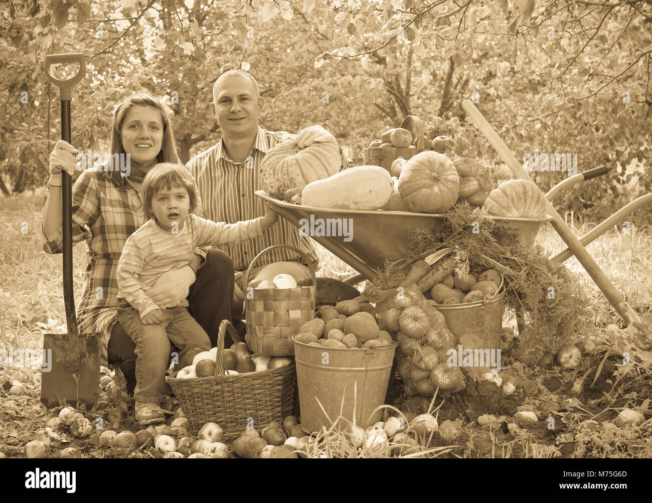 Happy family with vegetables harvest in garden Stock Photo - Alamy