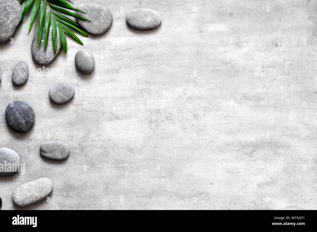 Grey spa background, spa concept, palm leaves and grey stones, top view ...