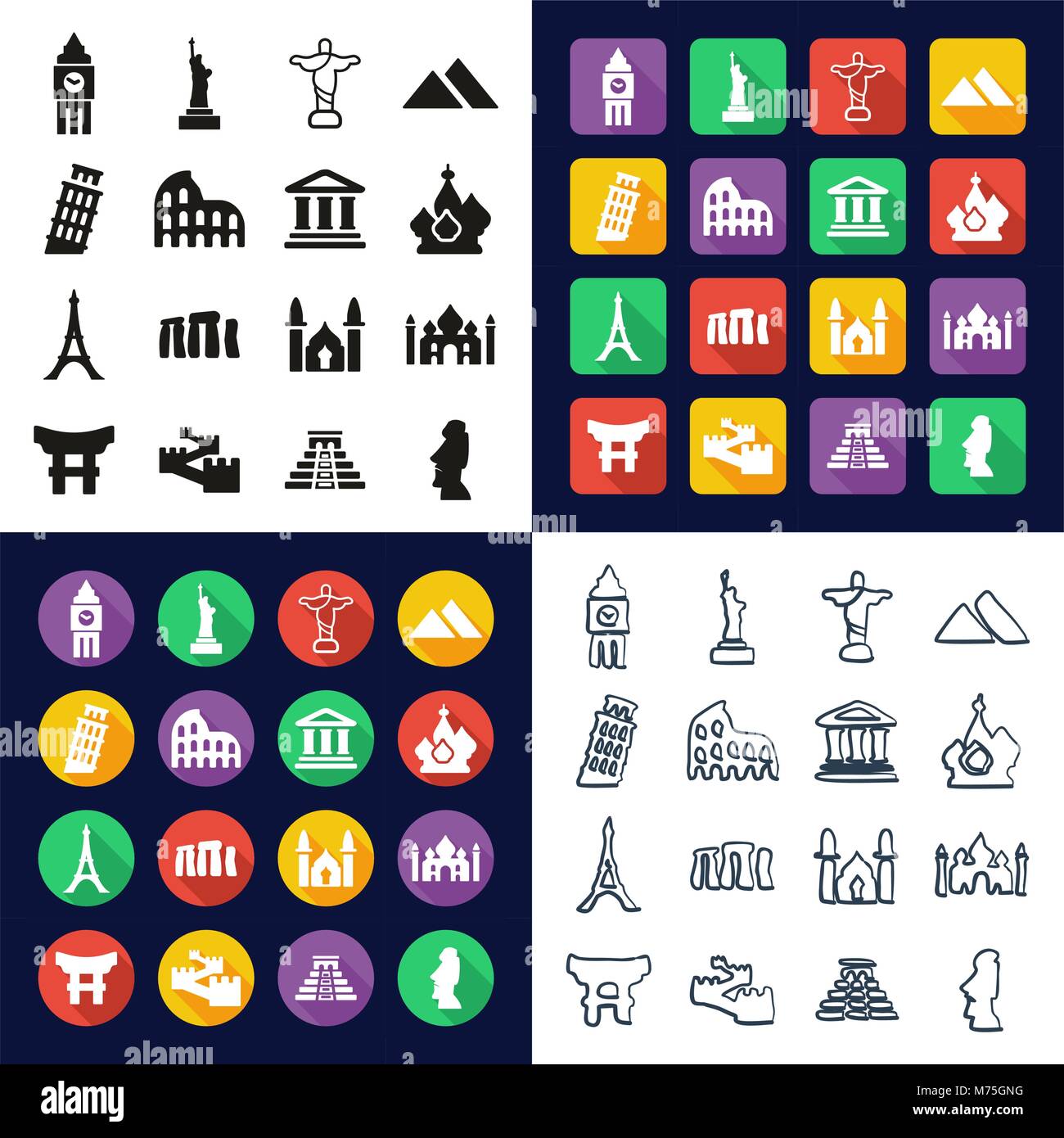 Landmarks Of The World All in One Icons Black & White Color Flat Design Freehand Set Stock ...
