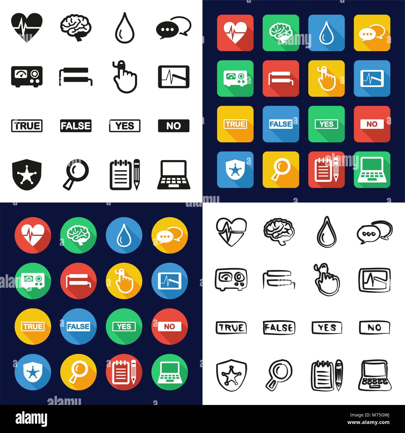 Lie Detector All in One Icons Black & White Color Flat Design Freehand ...