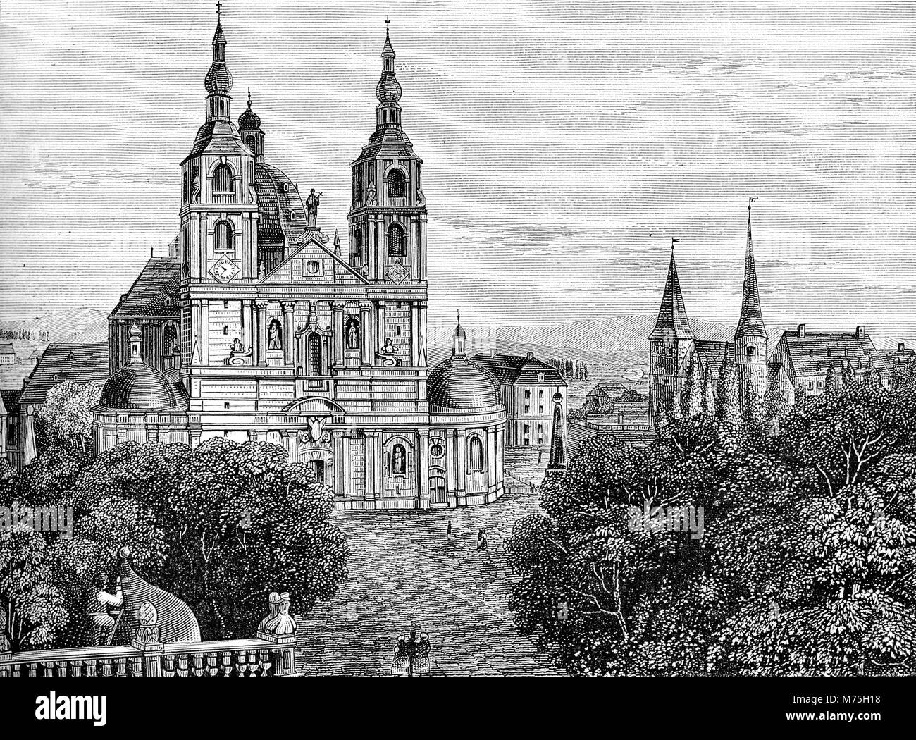XIX century engraving of Fulda baroque cathedral, abbey church built ...