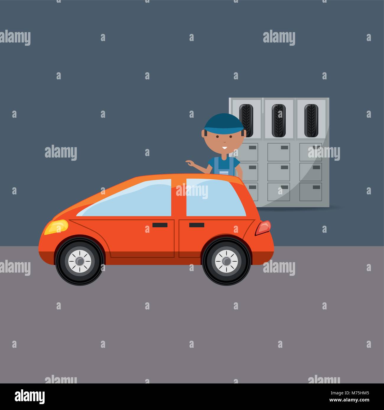 Car service design with cartoon mechanic and car over blue background ...