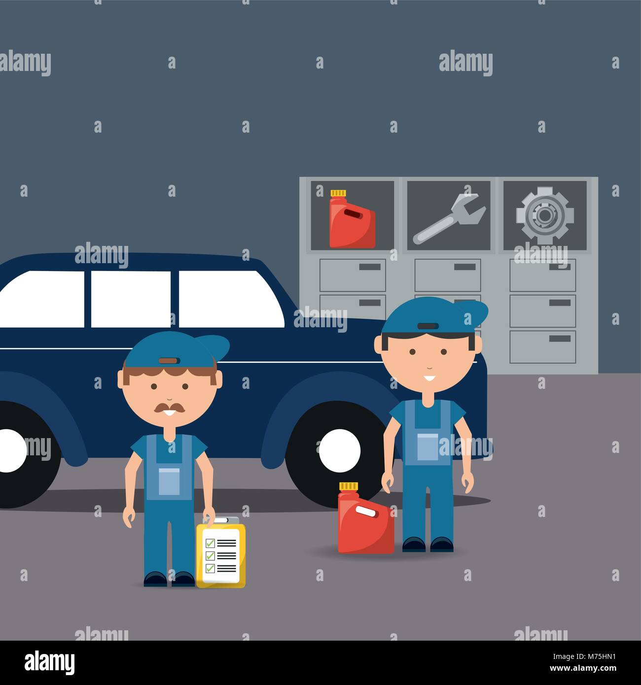 Car service design with mechanics with a car at the repair garage over ...