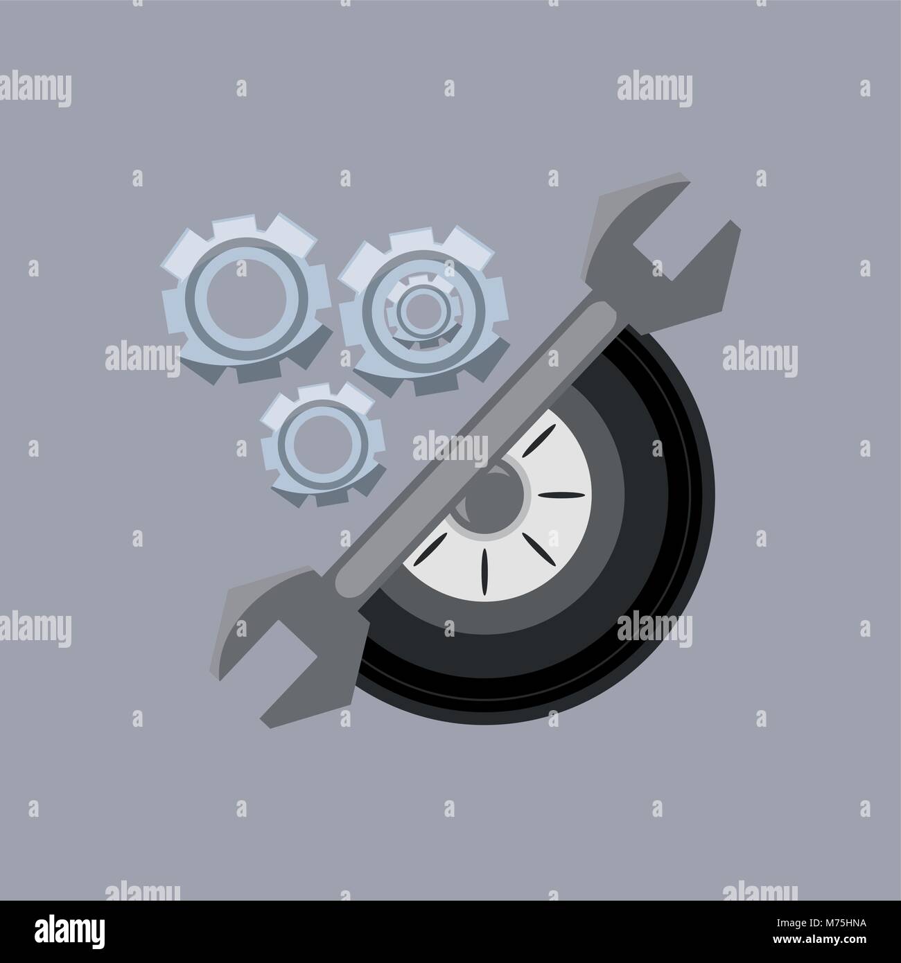 wrench tool with gear wheels and car tire over gray background ...