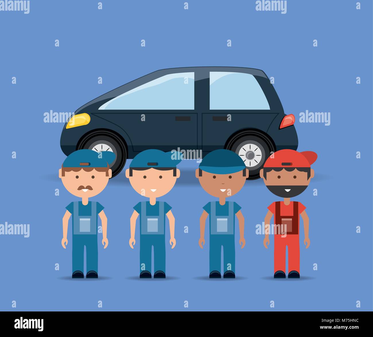 Car service design with cartoon mechanics men and car over blue ...