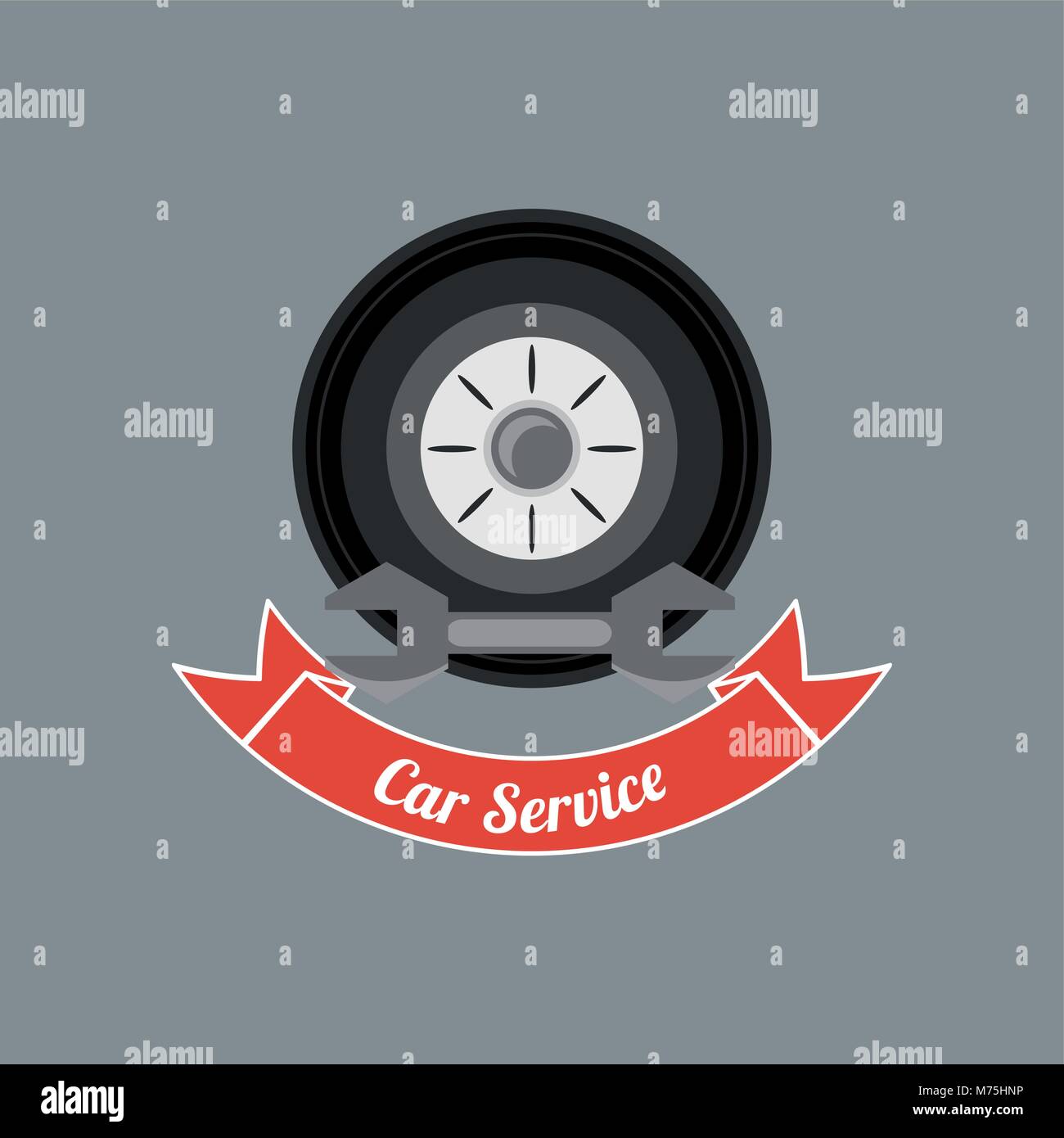 Car service design with decorative ribbon and wrench and car tire over ...