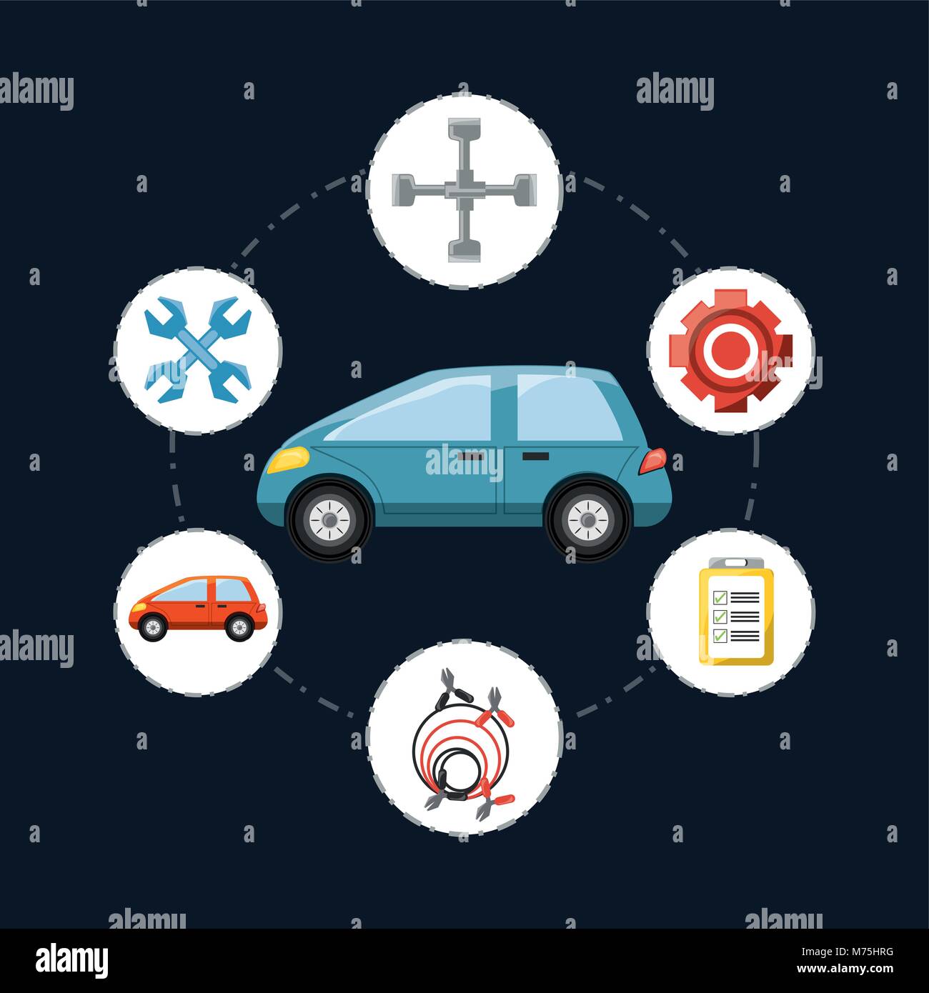 car with mechanic tools around over black background, colorful design ...