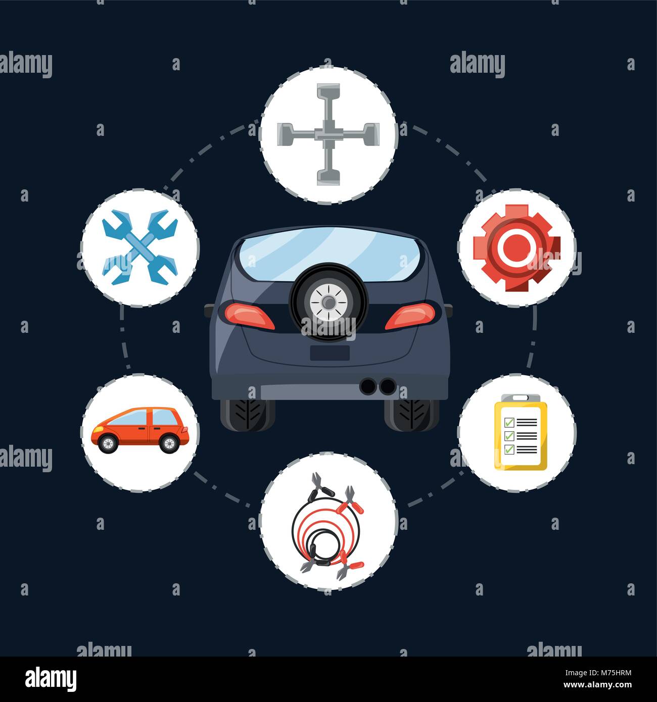 car with mechanic tools around over black background, colorful design ...