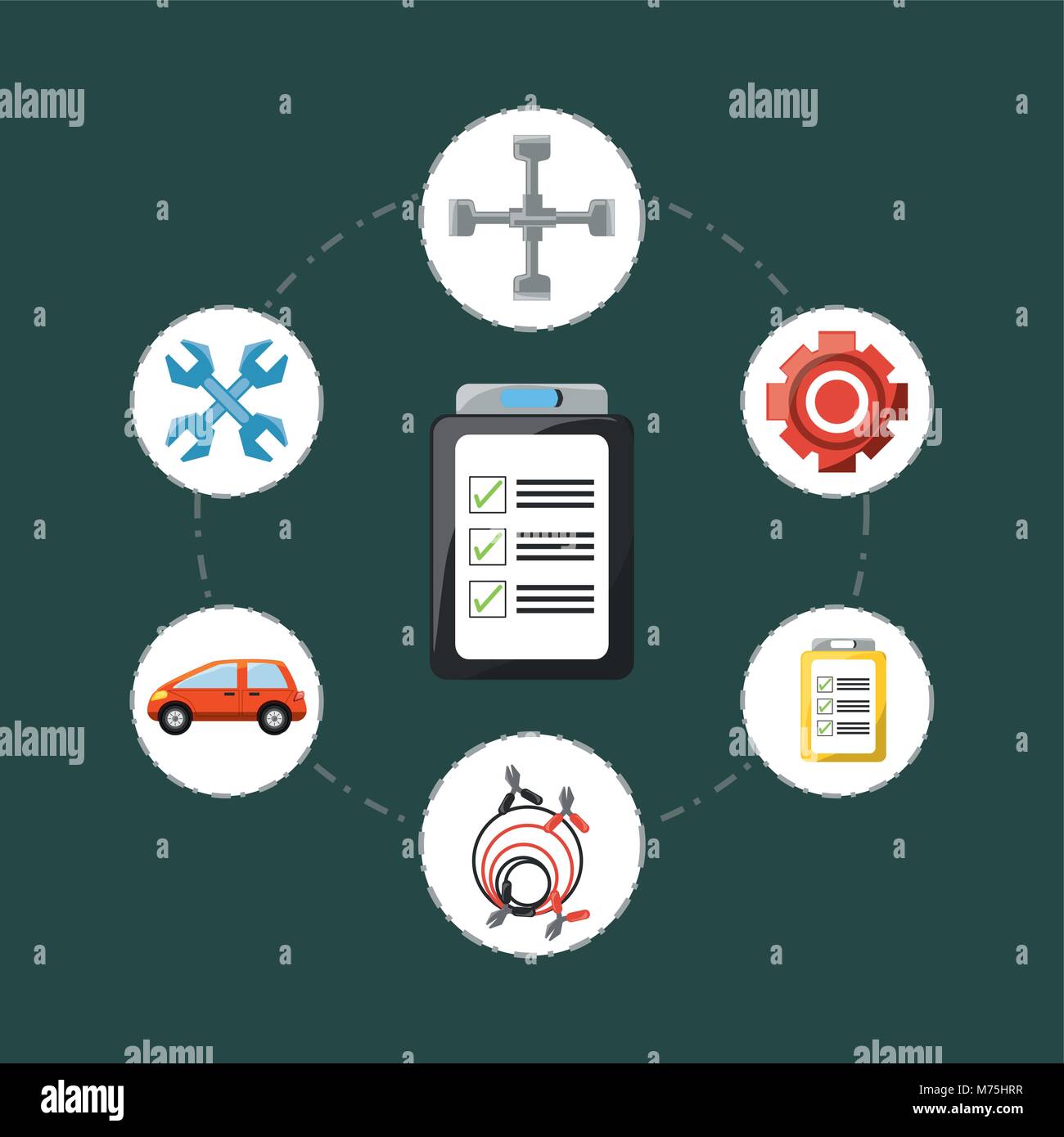 checklist with mechanic tools around over green background, colorful ...