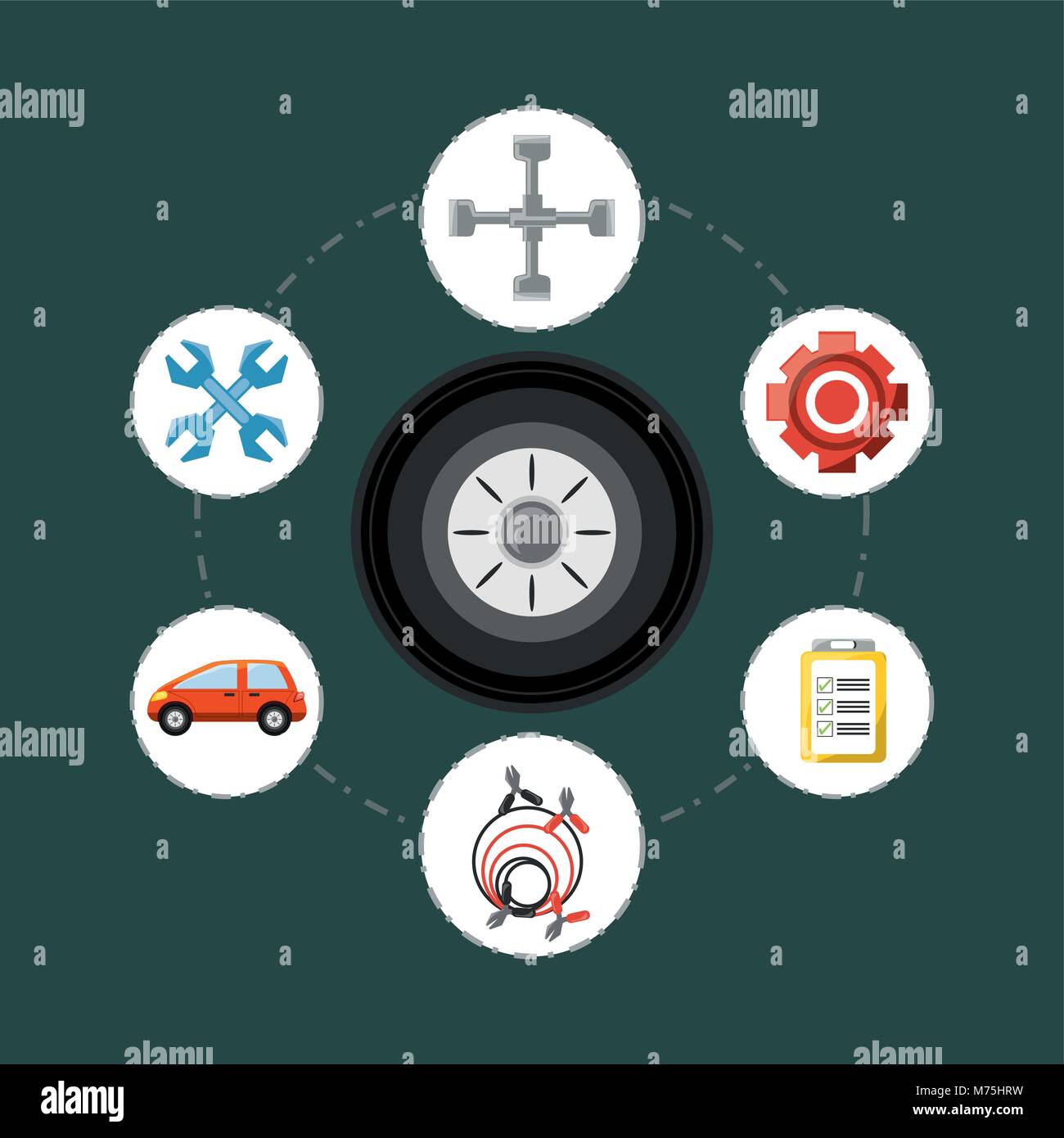 car wheel with mechanic tools around over green background, colorful ...