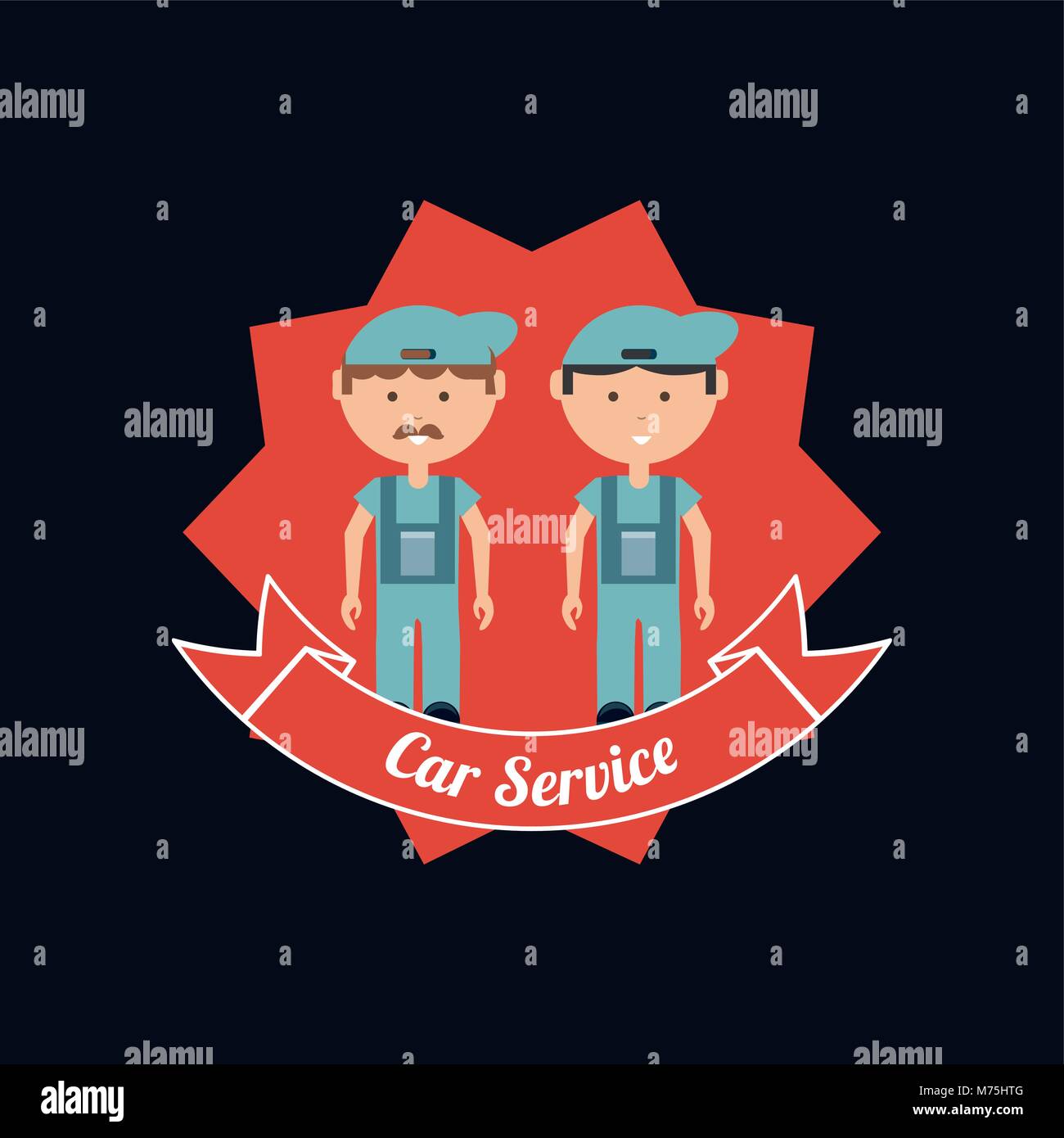 car service design with cartoon mechanics standing over red frame and ...