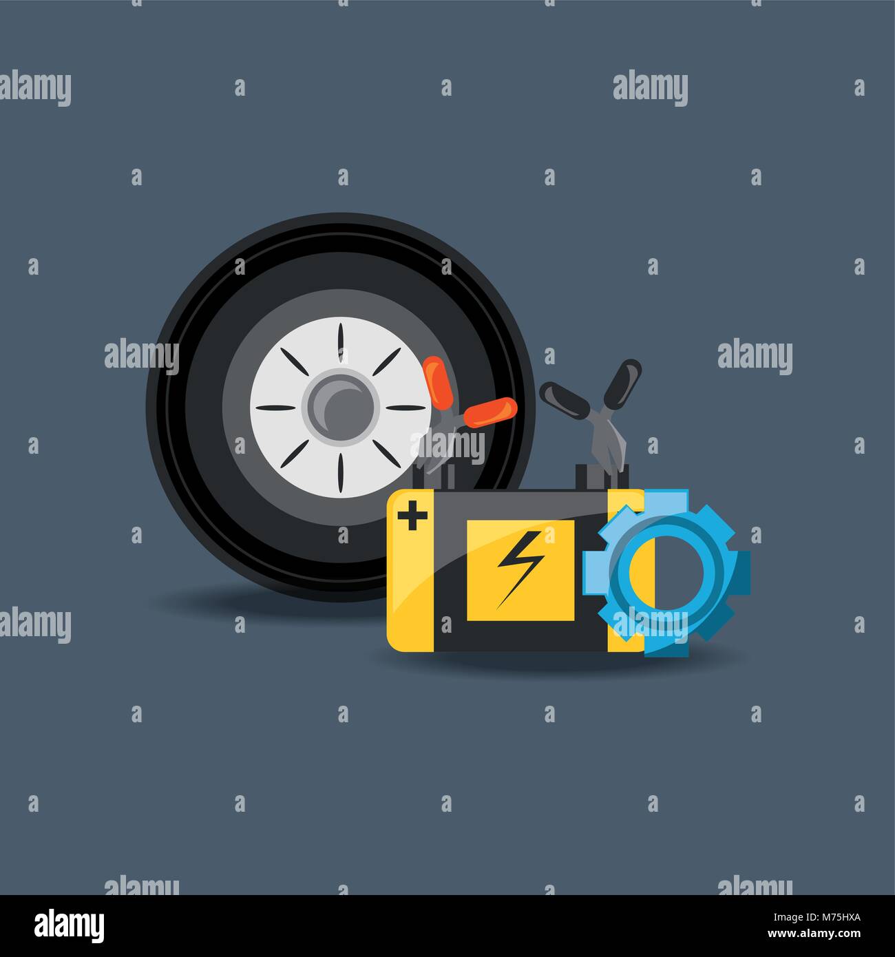 car tire and battery over blue background, colorful design vector ...