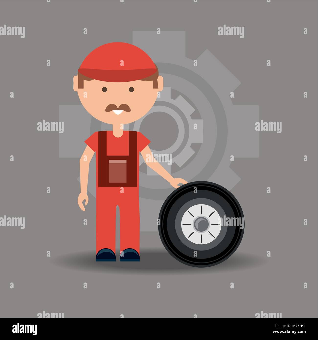 Car service design with mechanic man and car tire over brown background ...