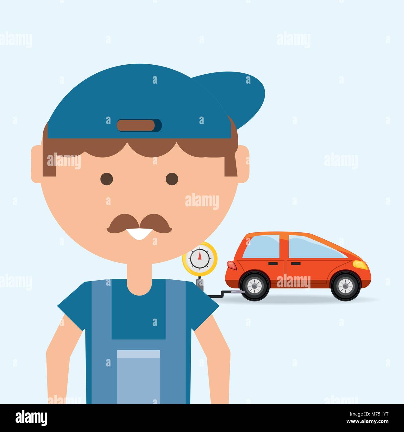 Car service design with cartoon mechanic man and car over blue ...
