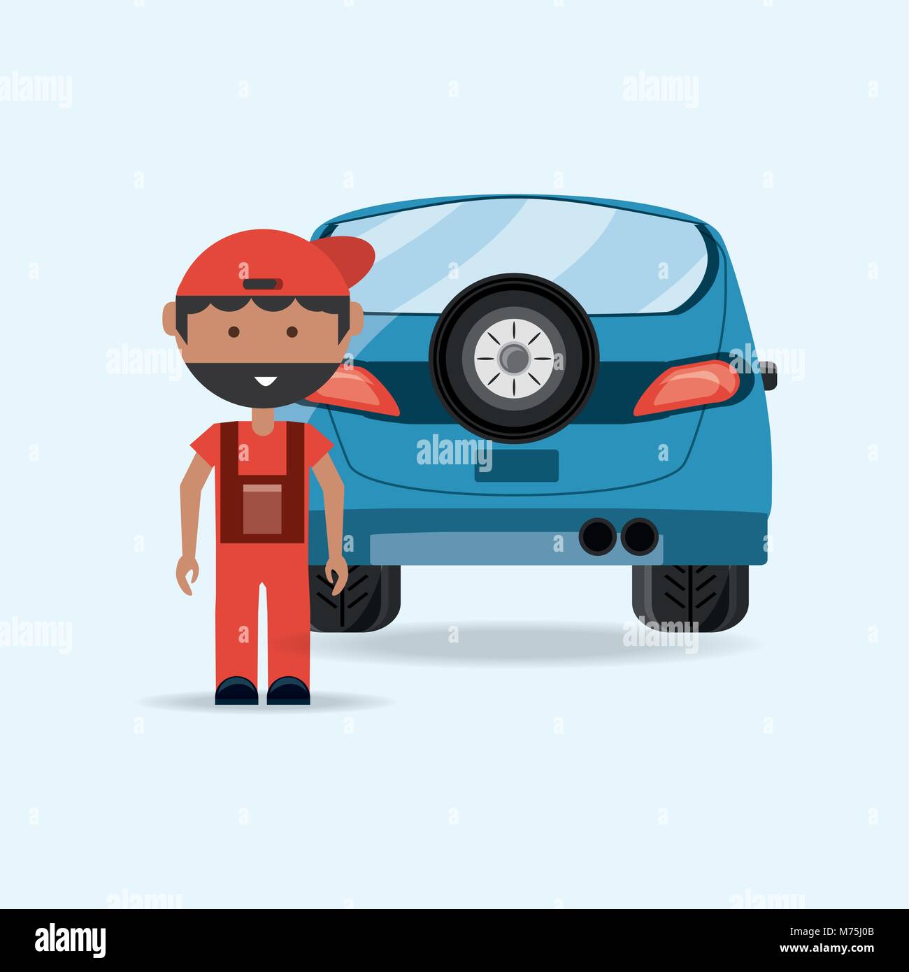 Car service design with cartoon mechanic man and car over blue ...