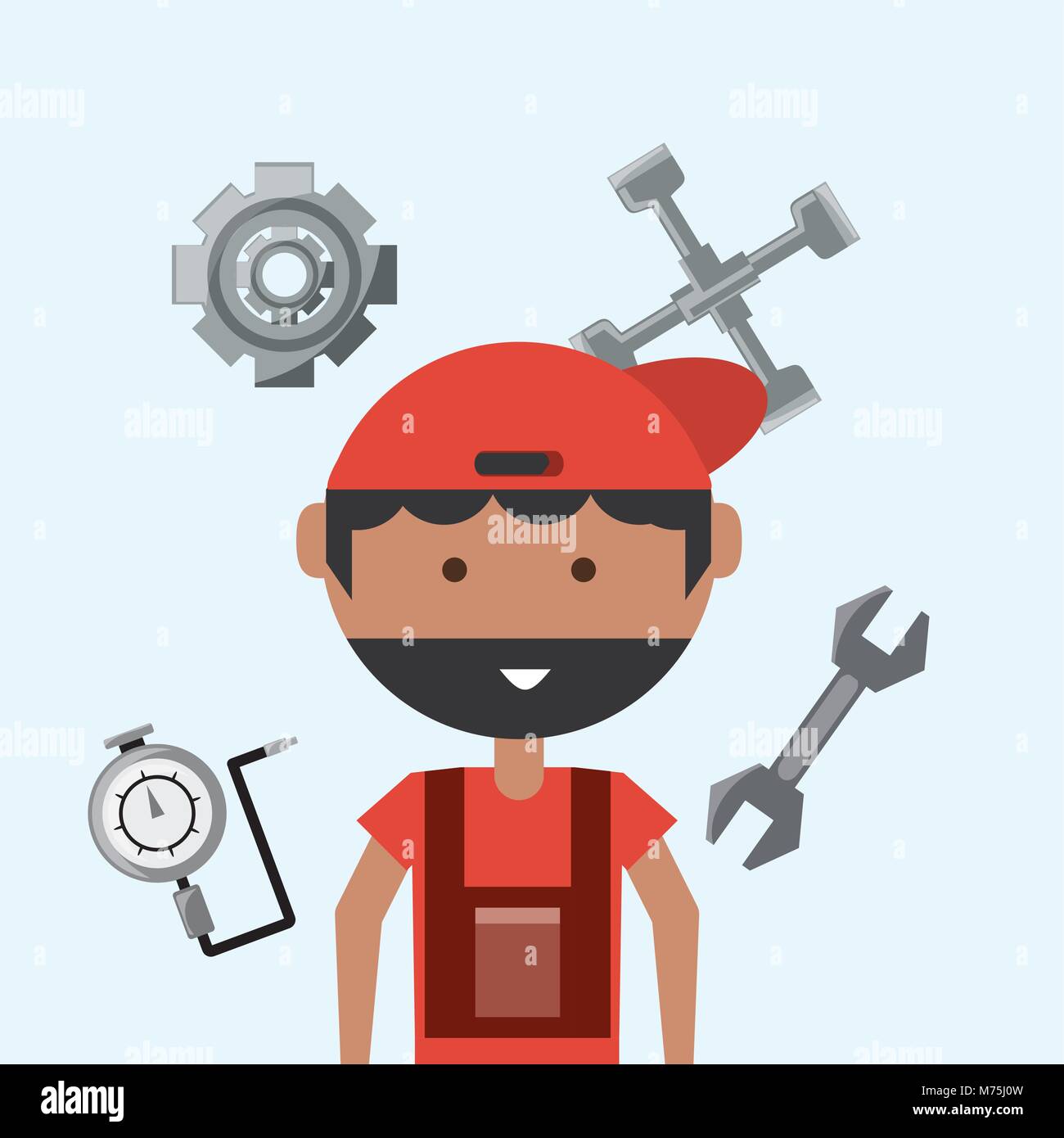 Cartoon mechanic man with tools around over white background, colorful ...