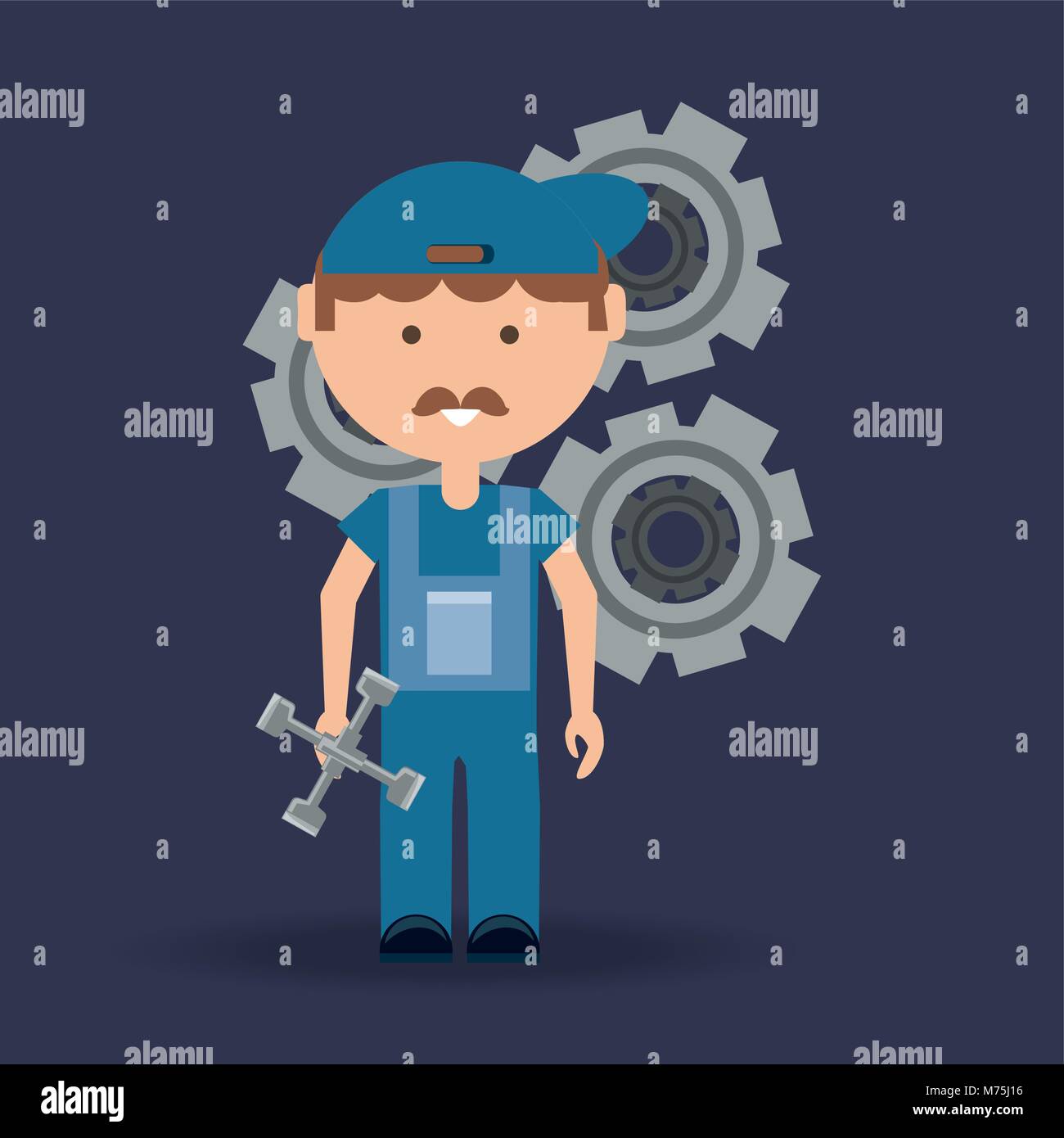 Car service design with cartoon mechanic holding a lug wrech over gear ...