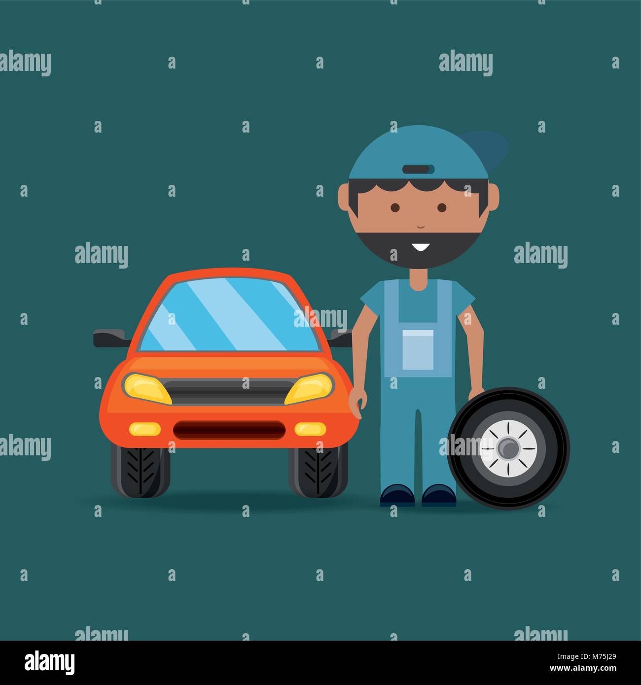 Car service design with cartoon mechanic man and car over green ...