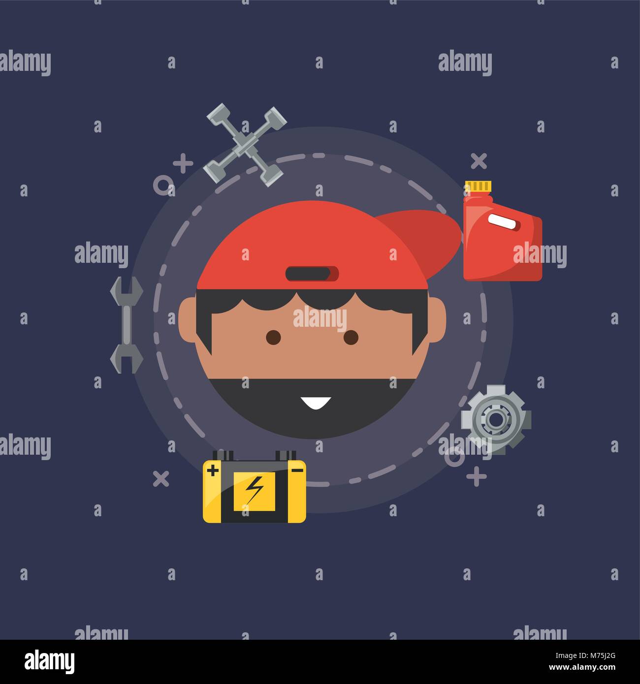 Car service design with cartoon mechanic man and tools around over ...