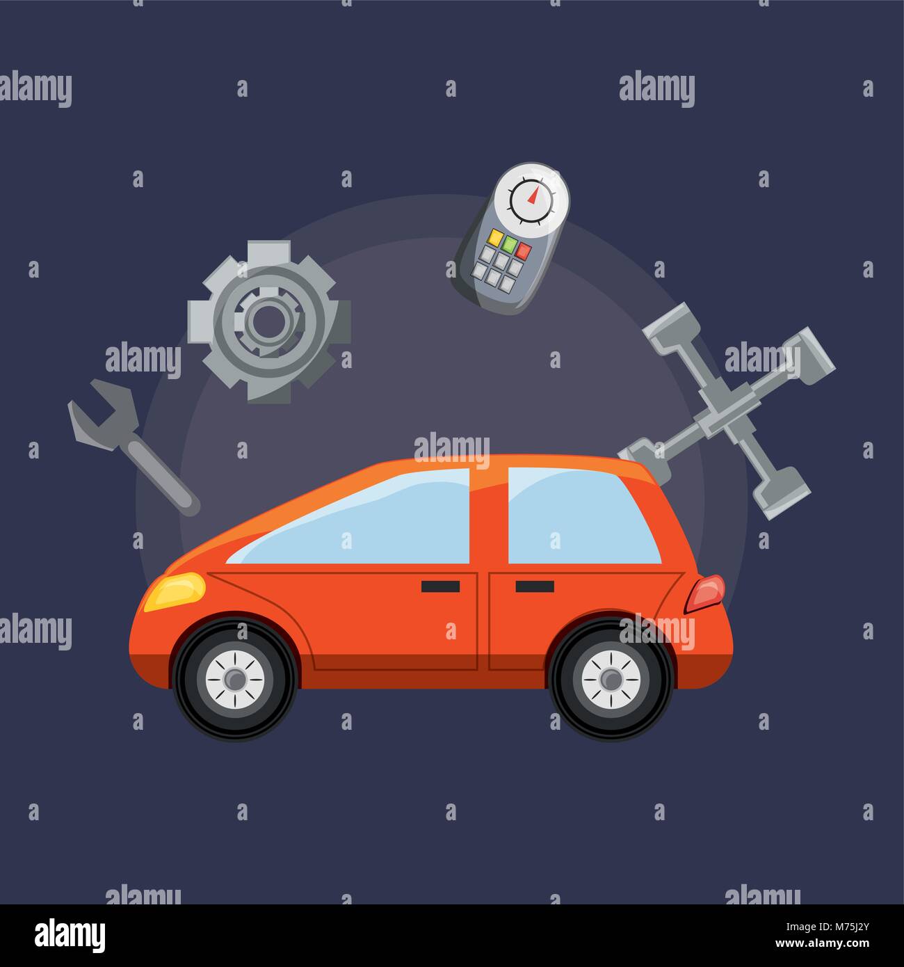 car with mechanic tools around over purple background, colorful design ...