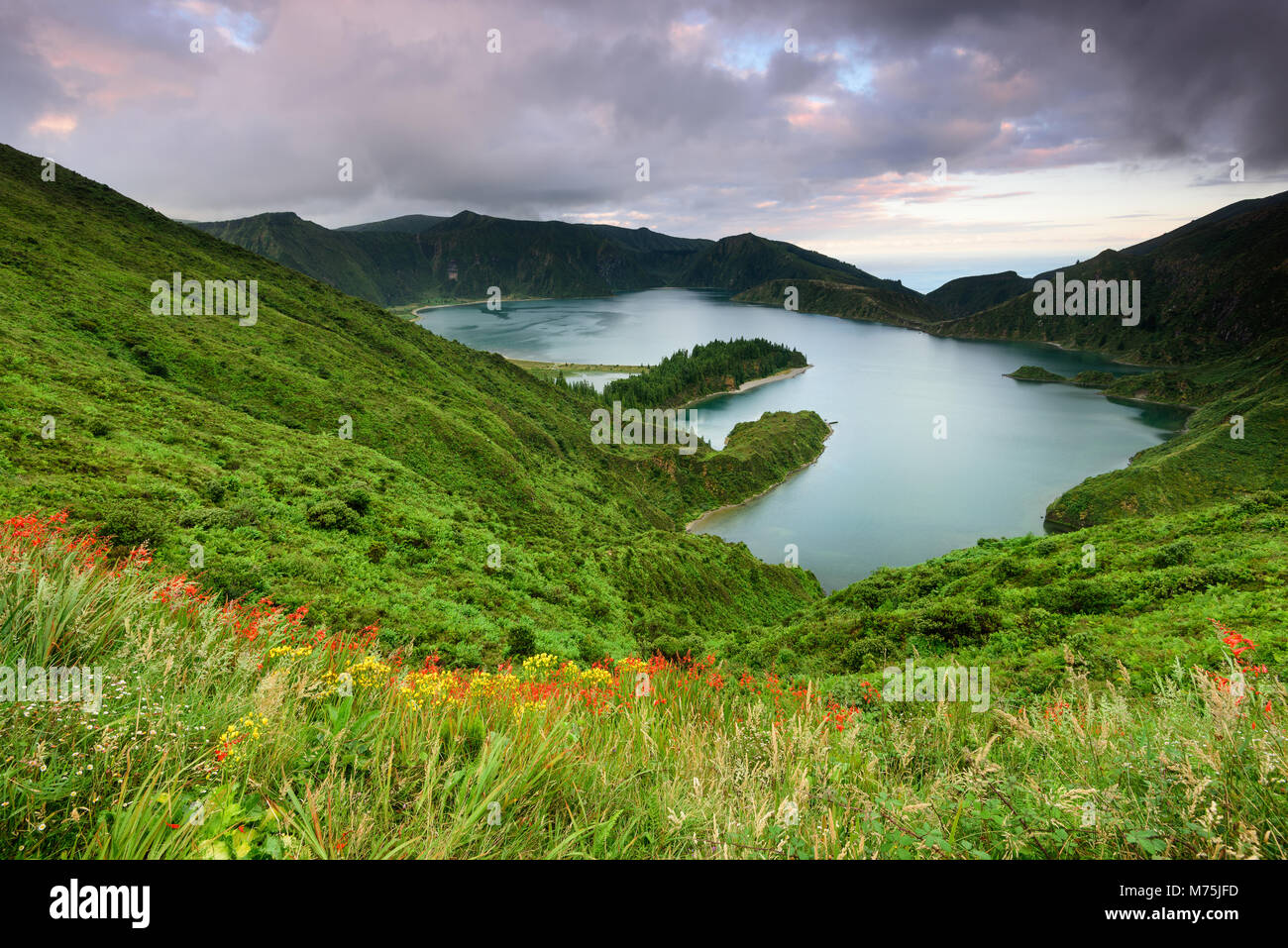 Panoramic landscape from Azores lagoons. The Azores archipelago has ...