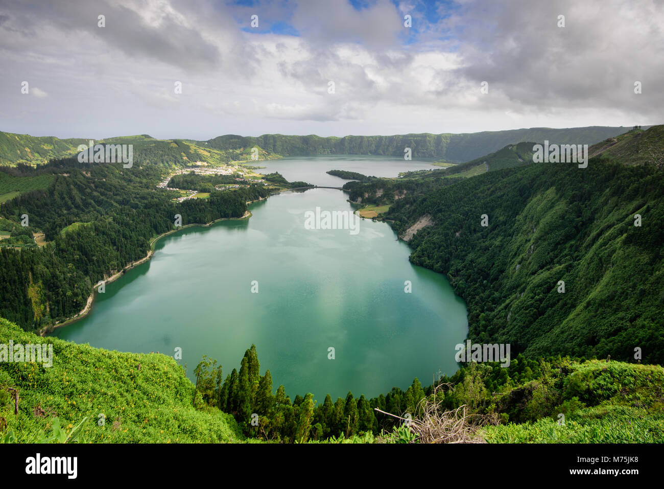 Panoramic landscape from Azores lagoons. The Azores archipelago has ...