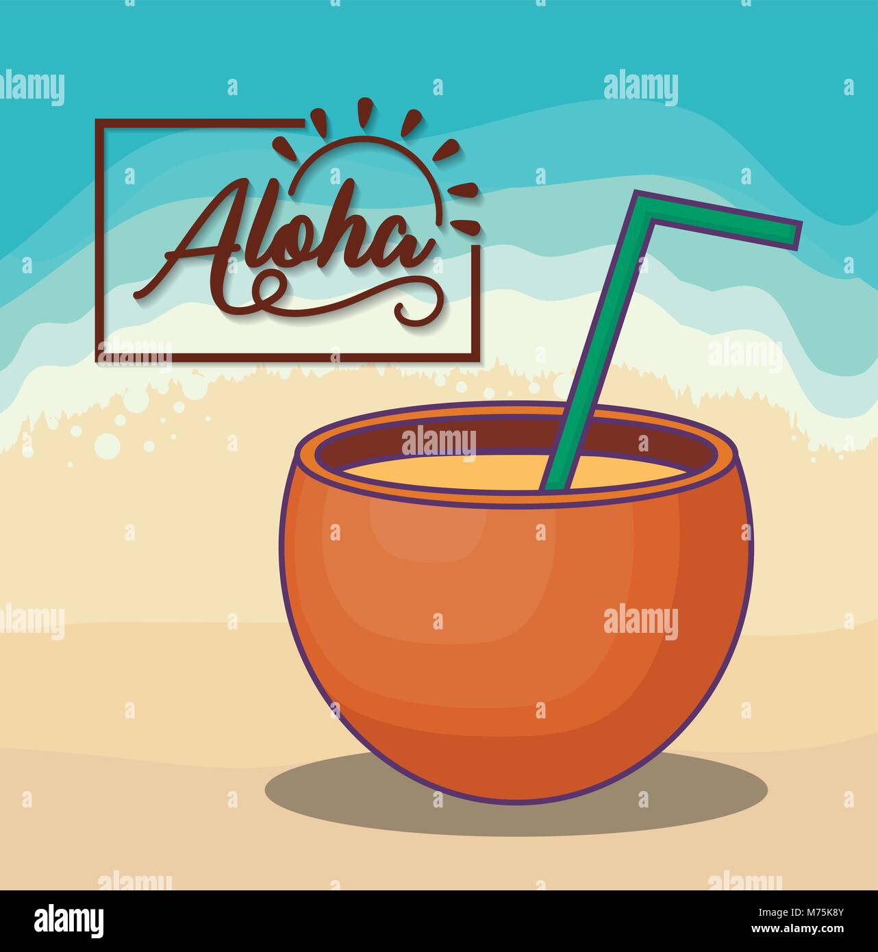 Aloha design with coconut cocktail icon over beach background, colorful ...