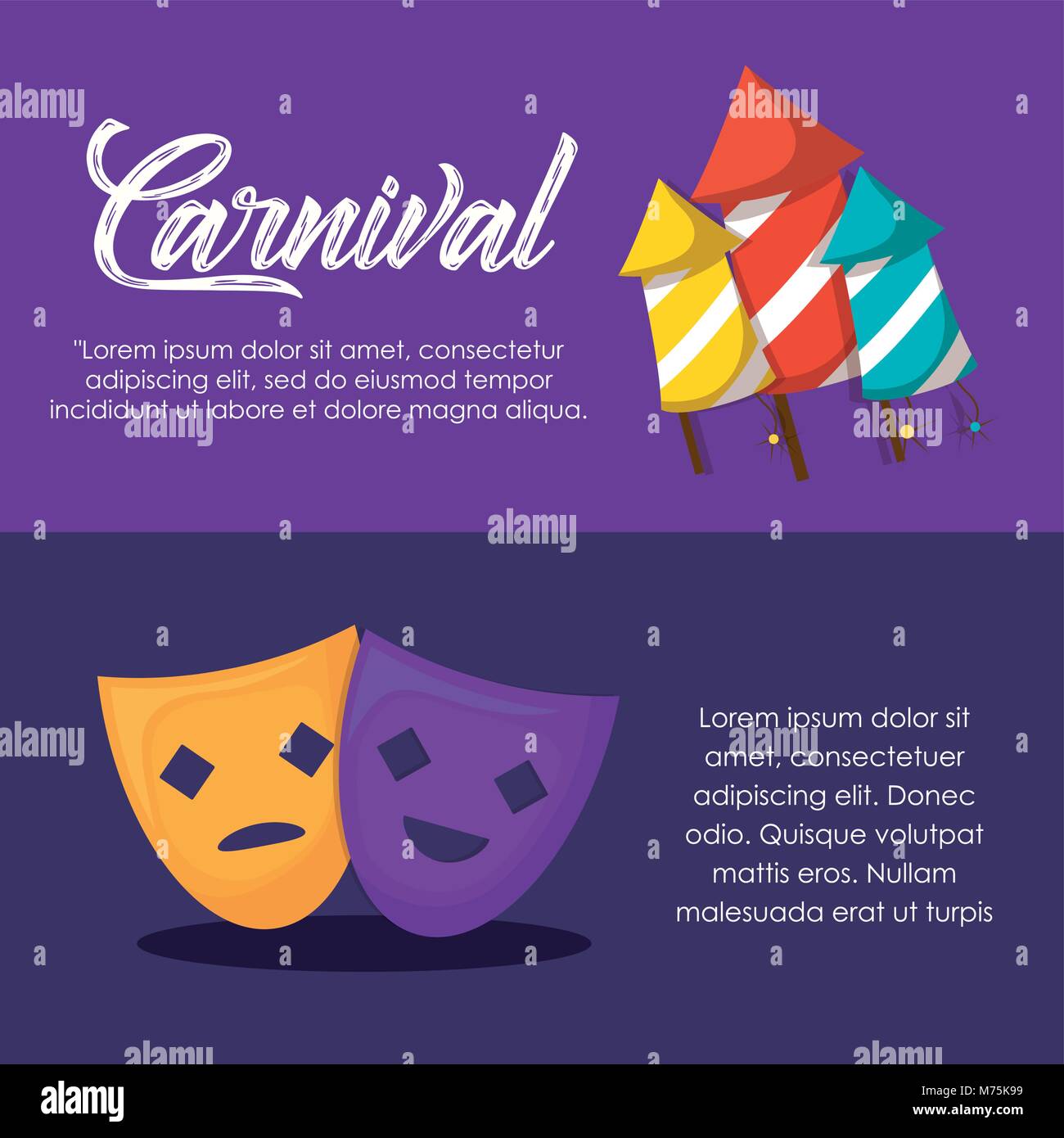 Infographic of carnival circus with firework rockets and masks over ...