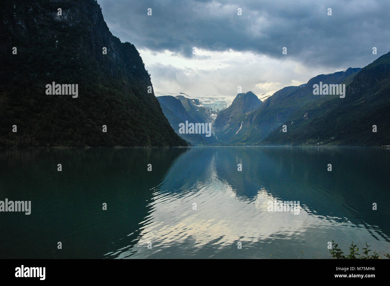 Lake Oldevatnet in the Oldedalen Valley, Norway. In the distance ...