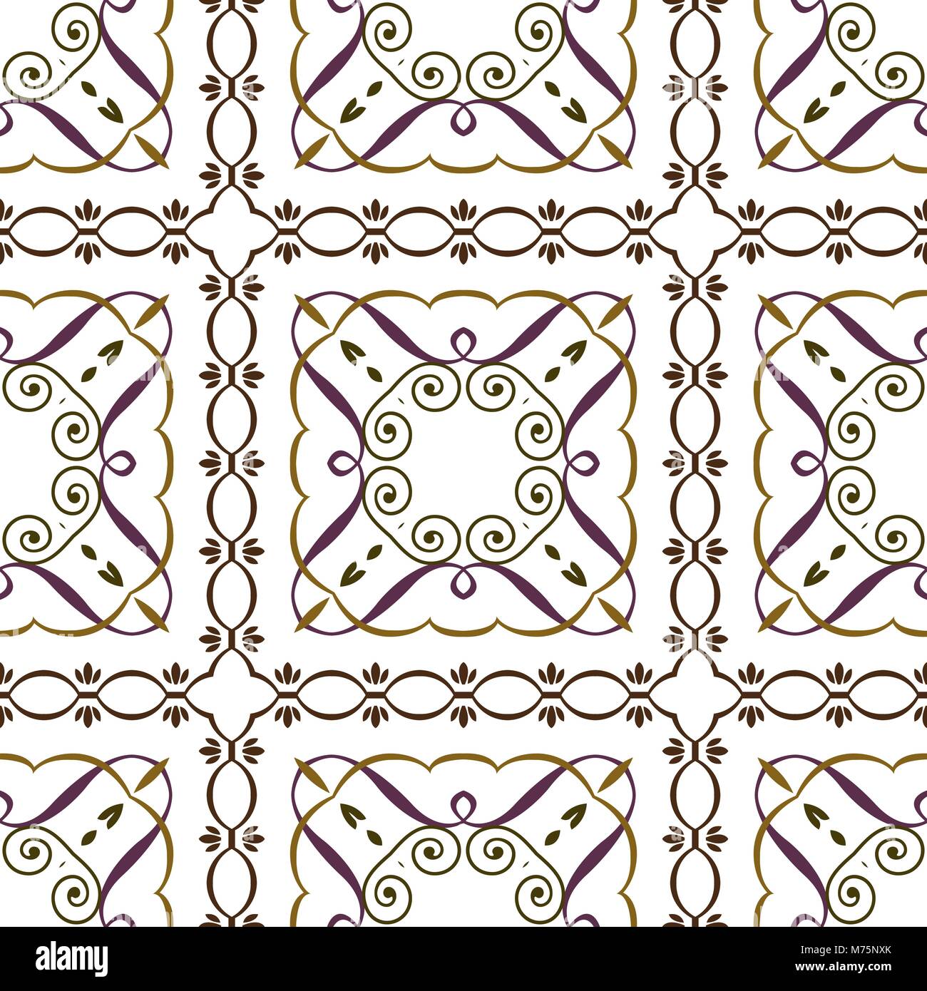 Vector damask seamless pattern background curve oval square spiral vortex cross frame vine line ...