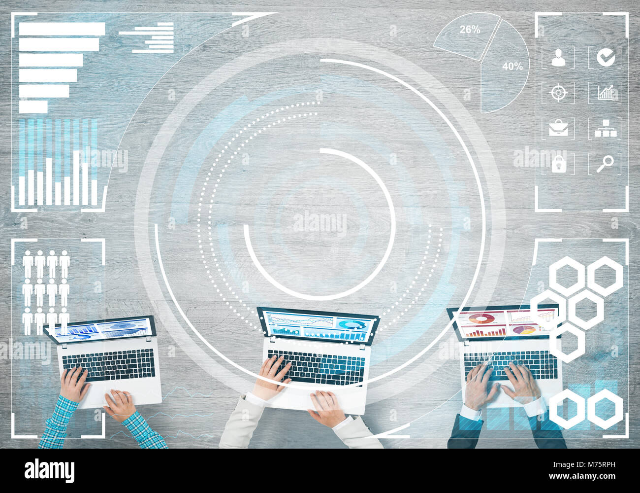 Group of three people with devices in hands working together as symbol ...