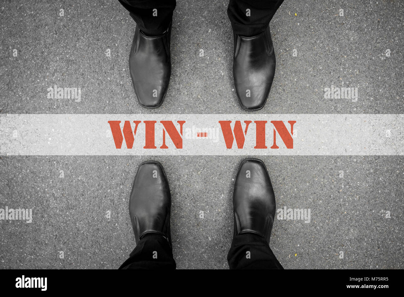 Two men standing on both side of the win-win line. Represent that no ...