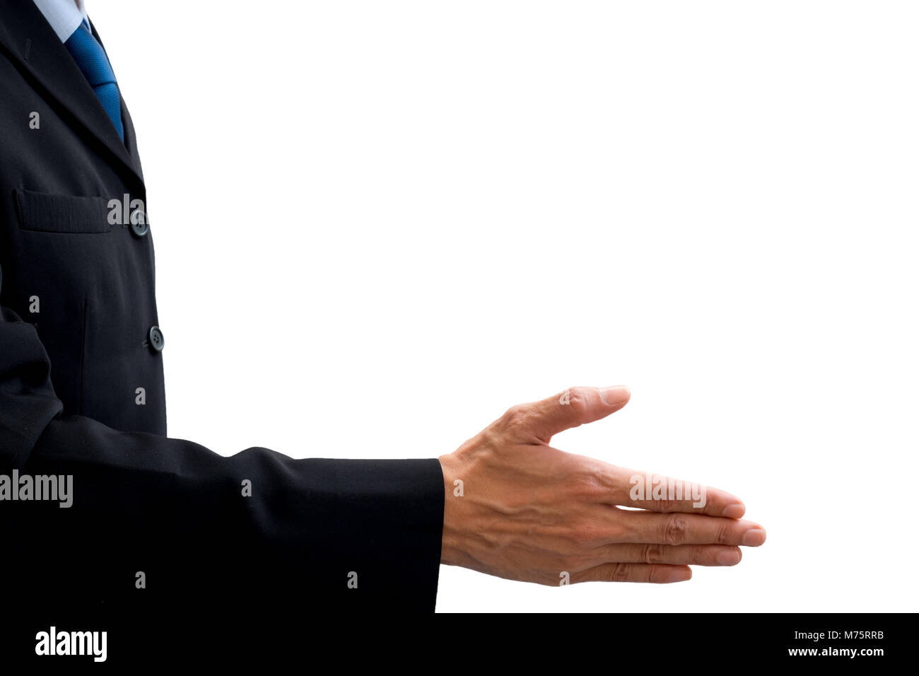 Isolated businessman in dark gray suit offer his right hand for ...