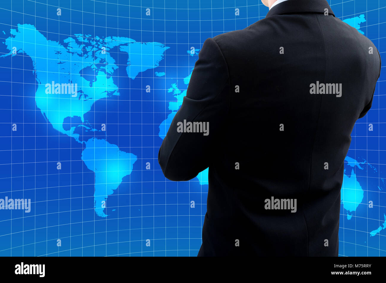 Isolated back side of businessman in dark gray suit standing and ...