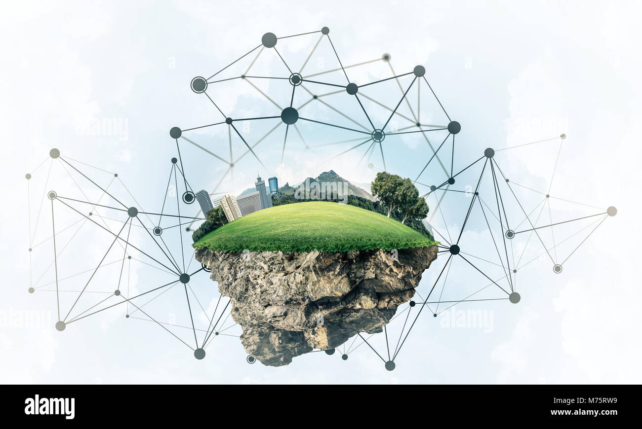 Beautiful small island with grass and cityscape levitating in the sky ...