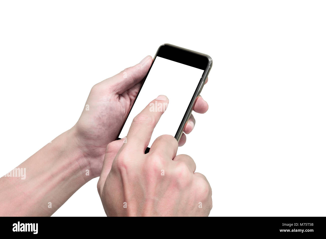 Isolated hands using smartphone. Holding on left hand and touch with ...