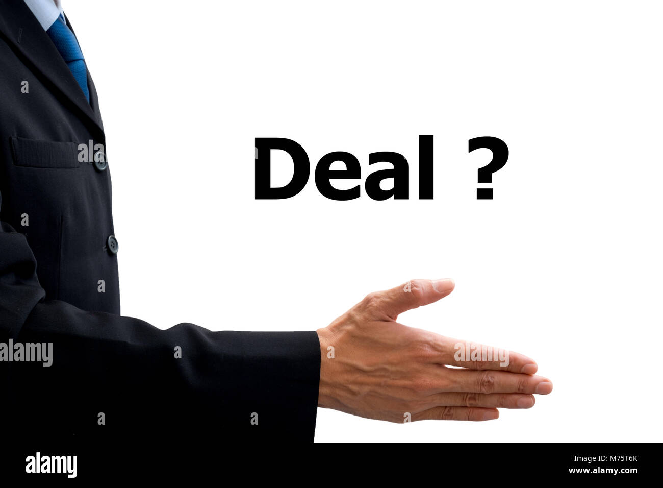 Isolated businessman in dark gray suit offer his right hand for ...