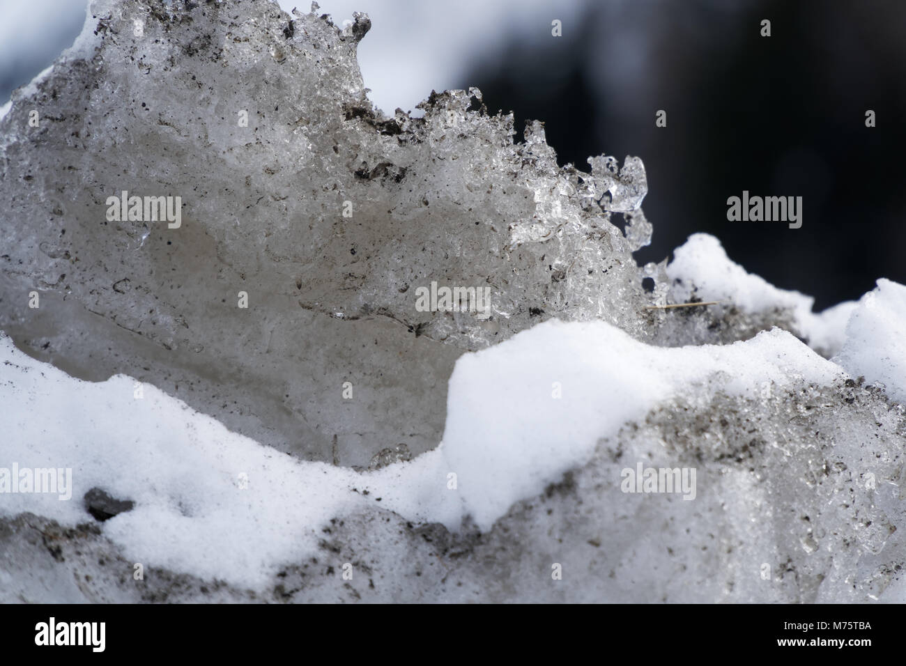 Snow Winter background, close-up of frosted ice lump on a snowing day ...