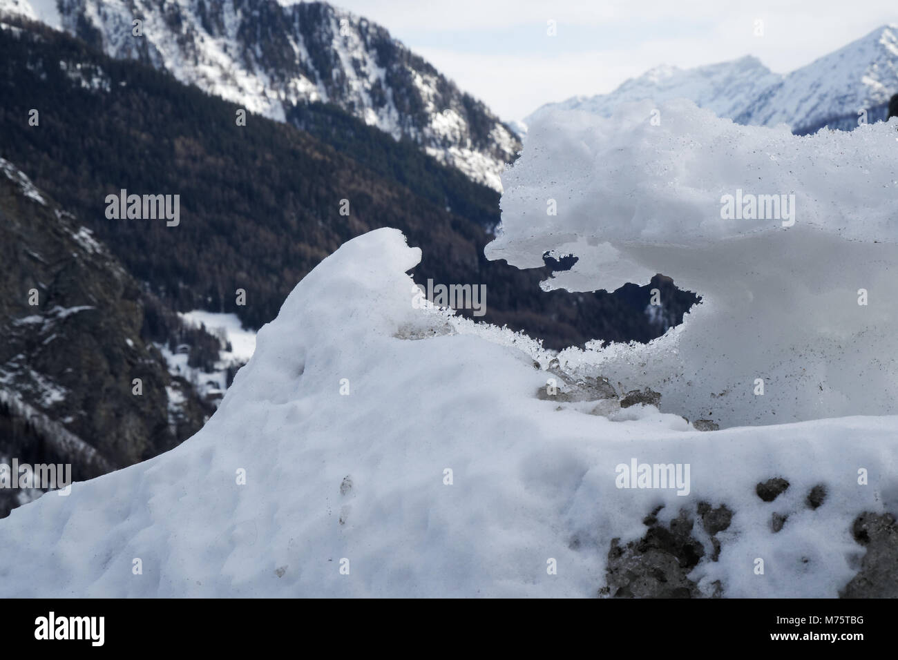 Snow Winter background, close-up of frosted ice lump on a snowing day ...