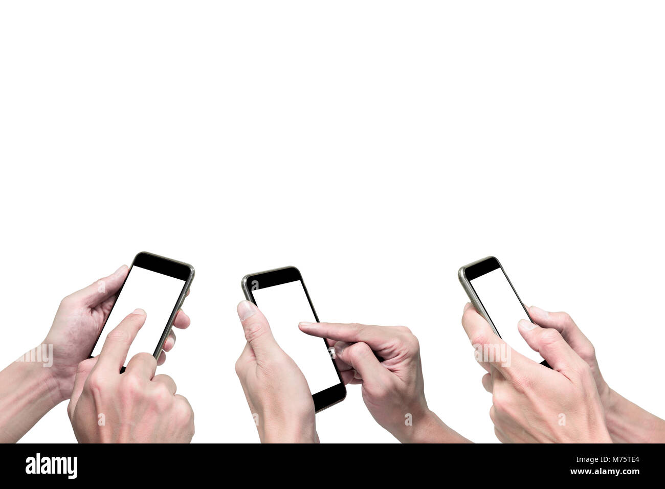Isolated three pairs of hands using smartphone on white background ...