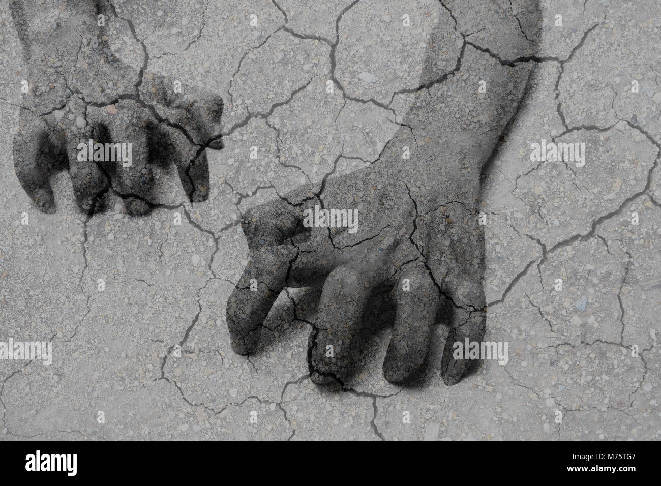 Double exposure of crawling hands and dry clay represent hungry people ...