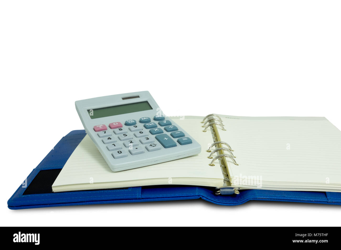 Isolated calculator and blue organizer notebook on white background ...