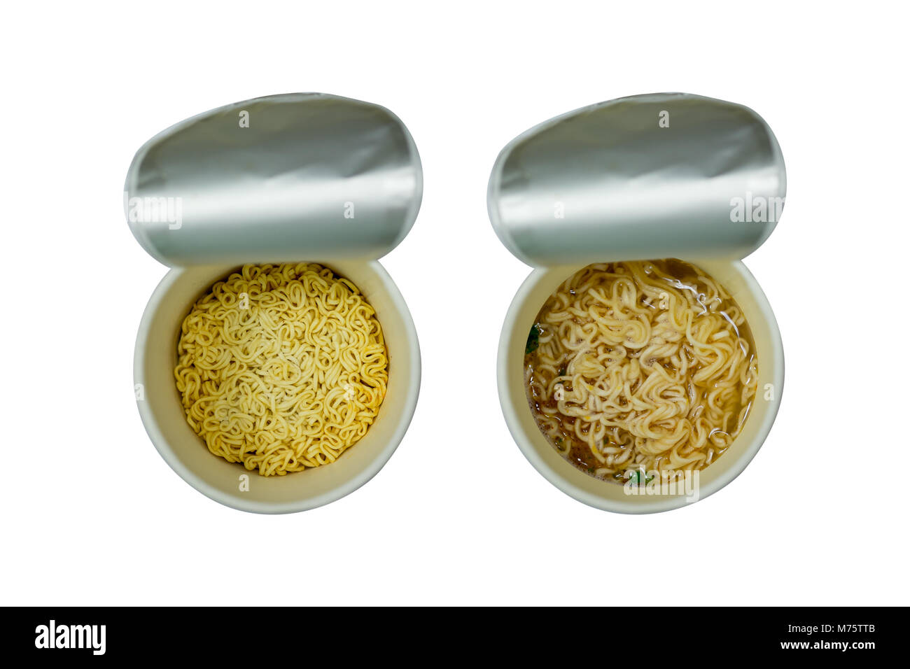 Isolated instant cup noodle before and after boiled Stock Photo - Alamy