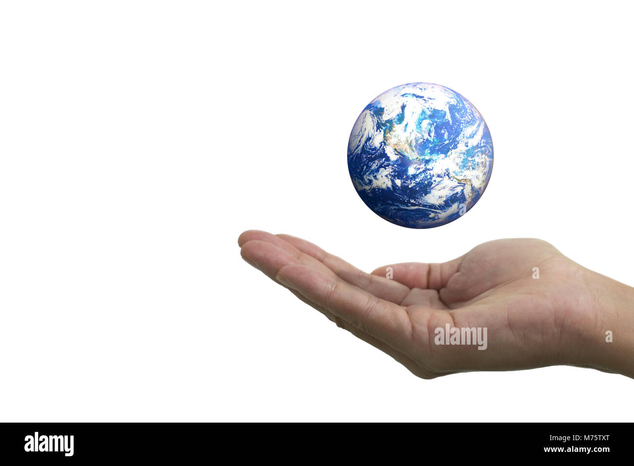 Isolated hand opened up and the earth. Represent earth saving ...