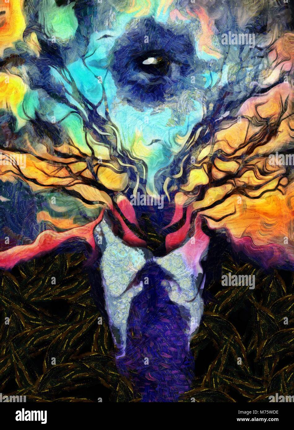 Surreal painting. Man's figure in a suit with tree branches and all ...