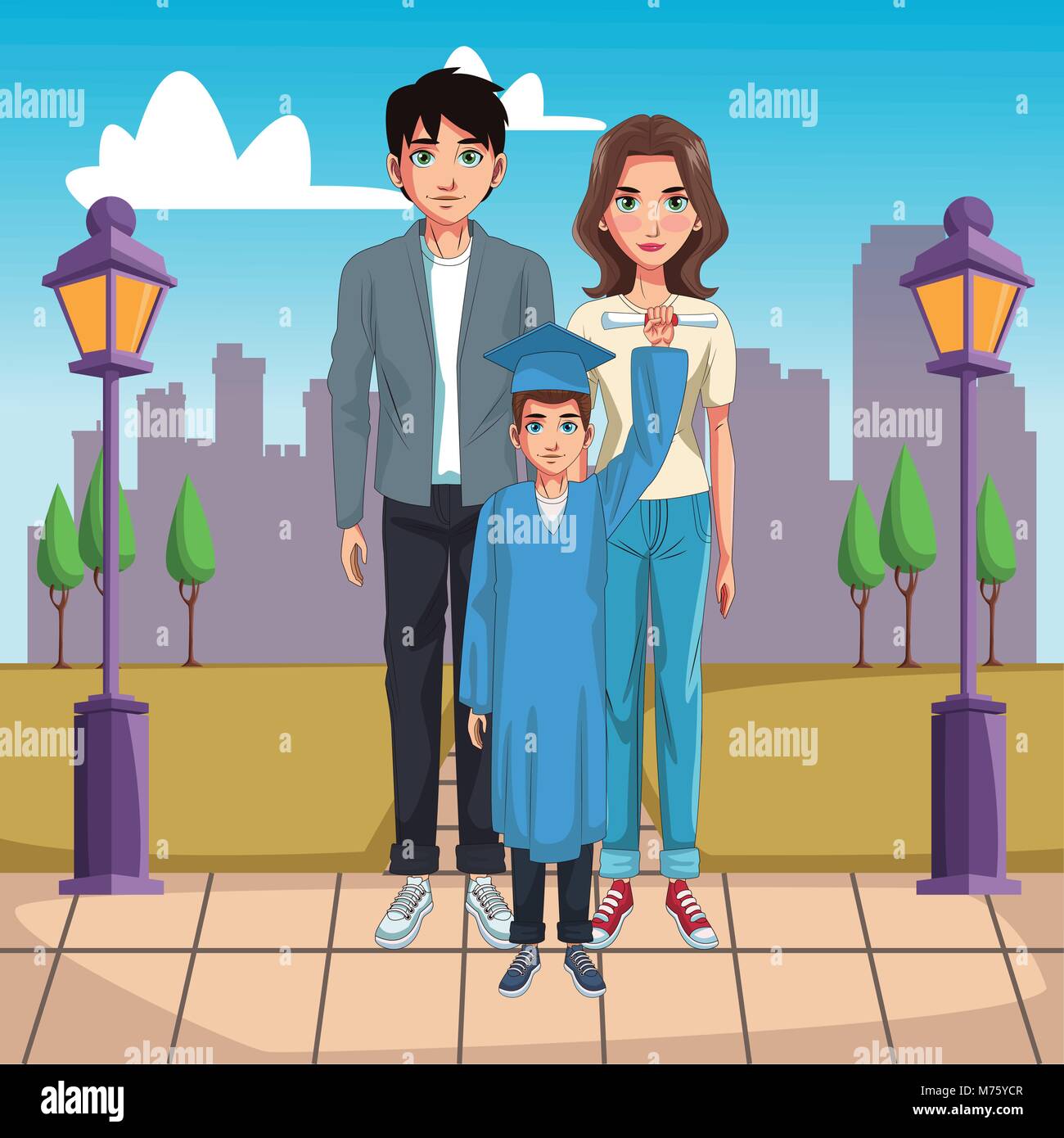 Parents with graduated son cartoon vector illustration graphic design ...