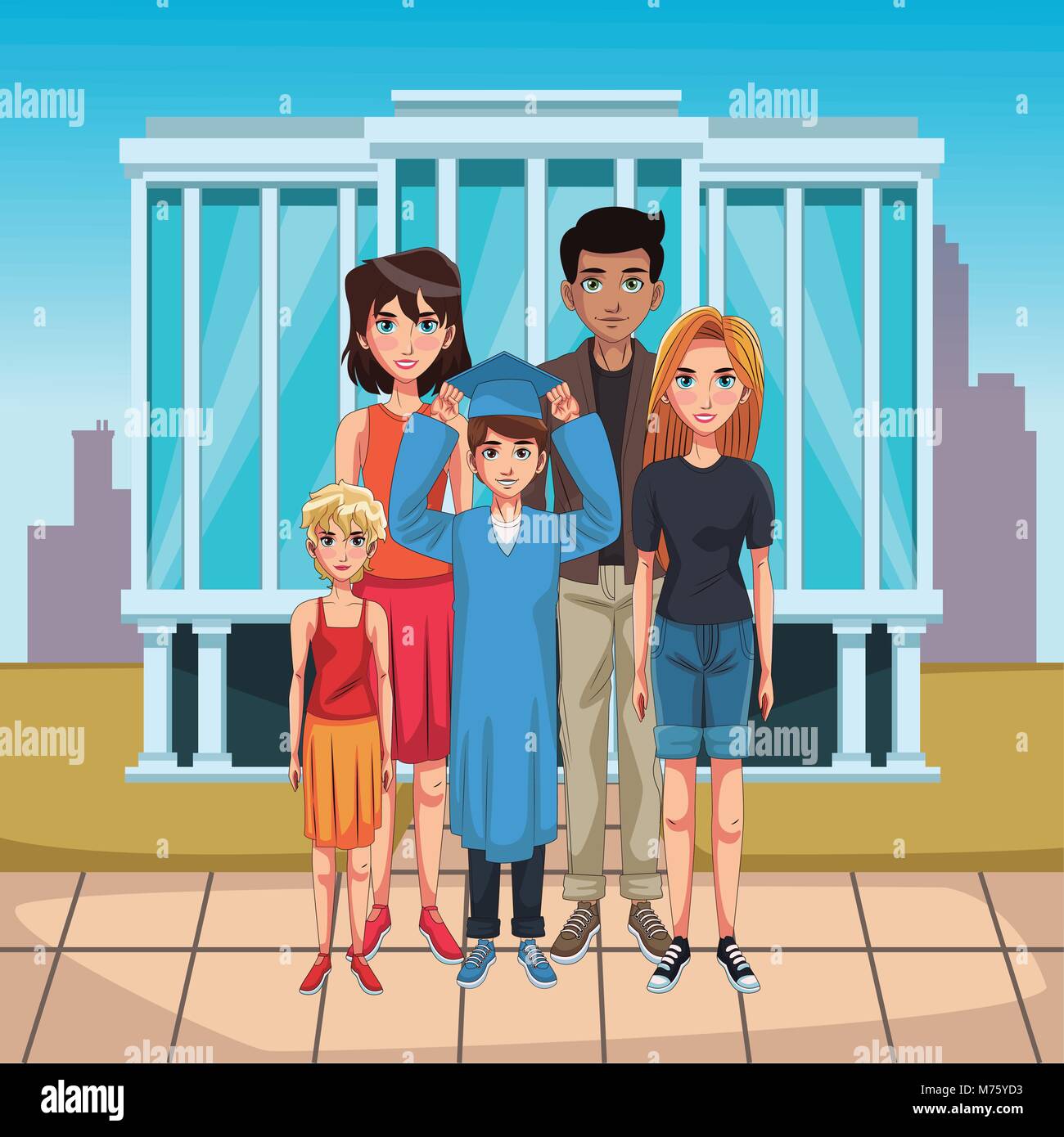 Family with graduated son cartoon vector illustration graphic design ...