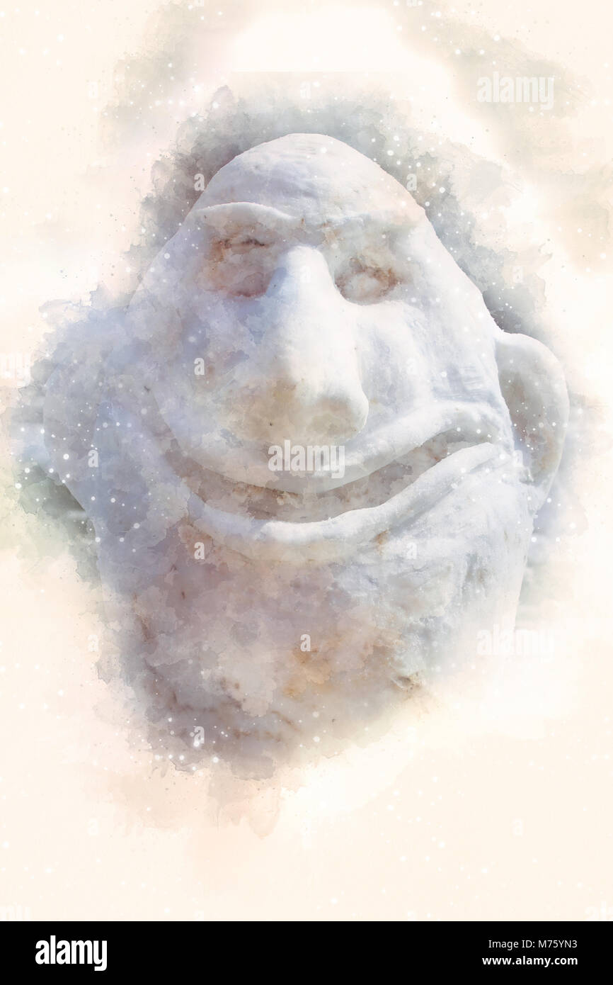 Color snow Goblin with a big smile and softly blurred watercolor ...