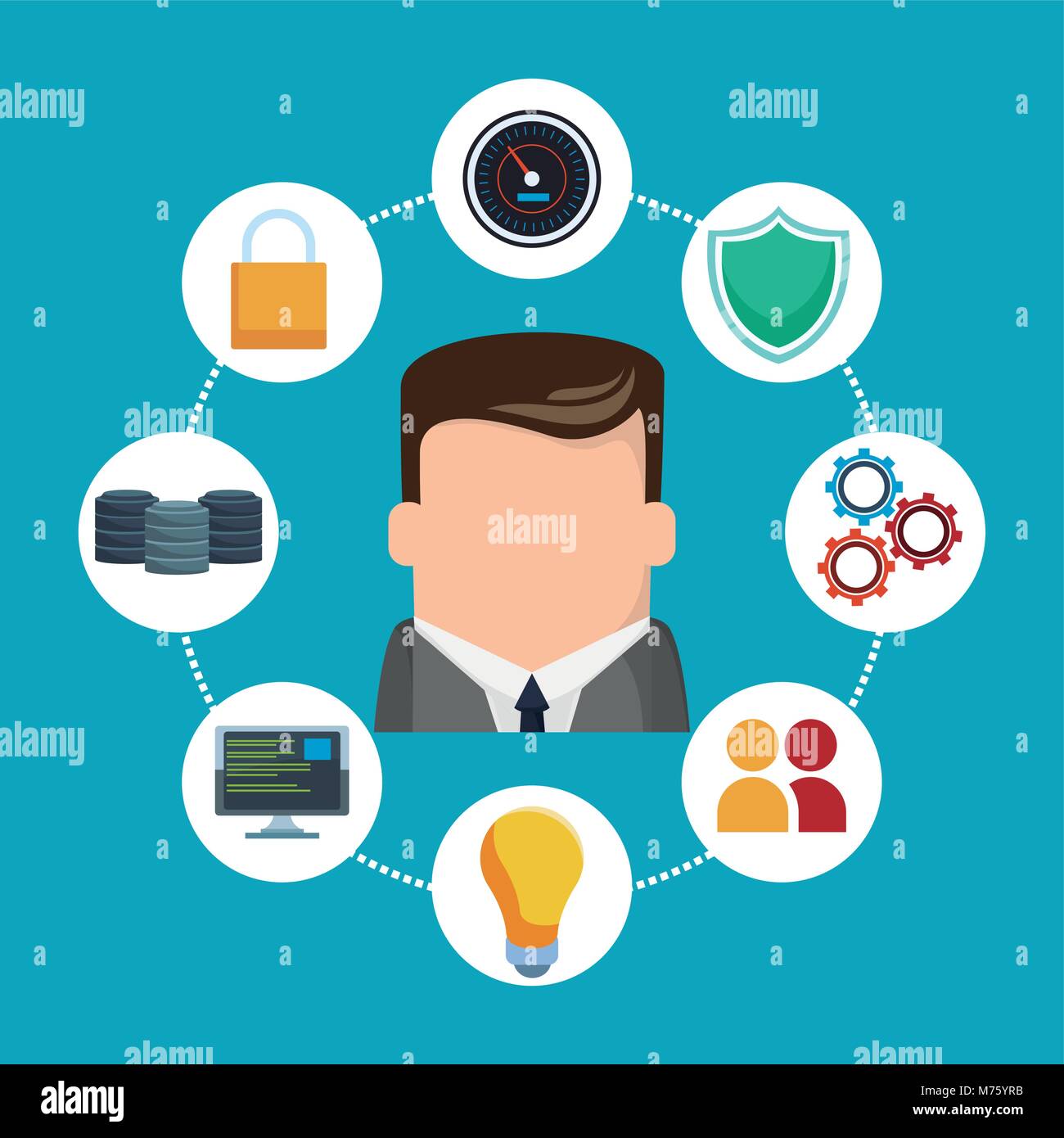 Set of office elements with businessman avatar vector illustration ...