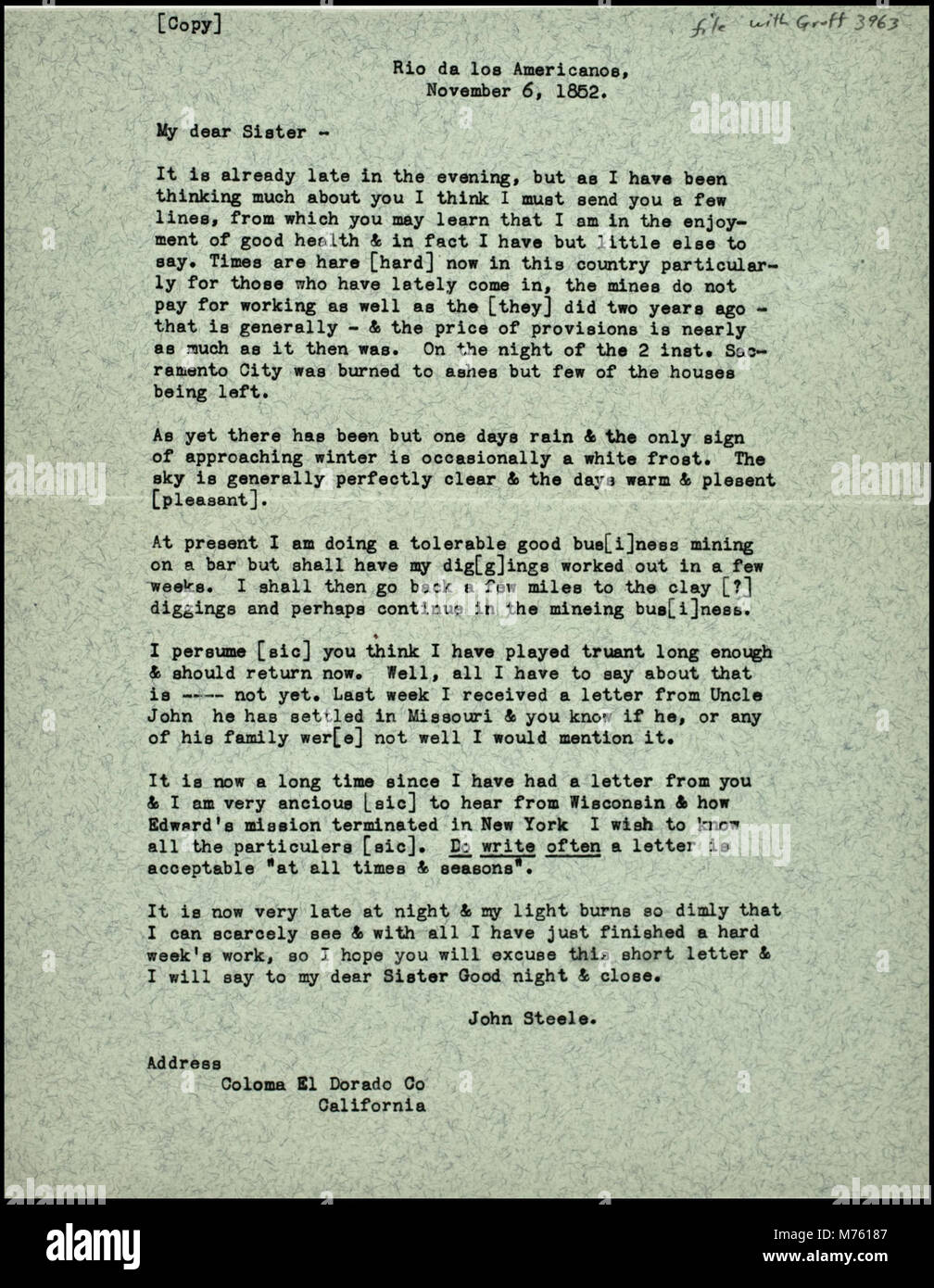 This historical letter written by John Steele to his sister Loretta ...